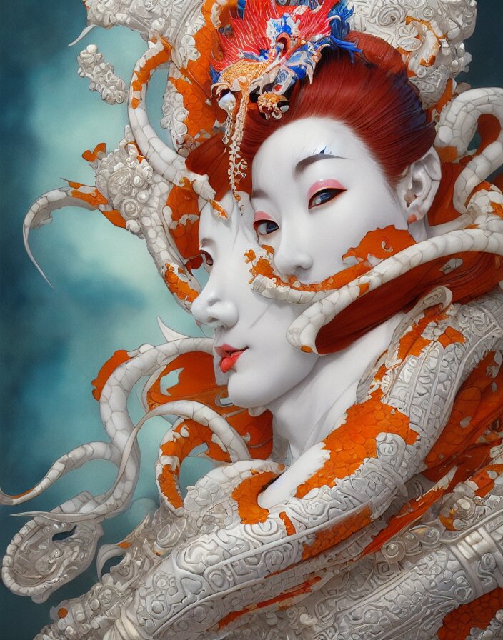 Lexica - Subsurface scattering, white, koi, geisha deity with koi armor ...