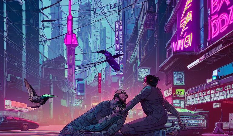 Lexica - Cyborg feeding electric pigeons in front of a neon church ...