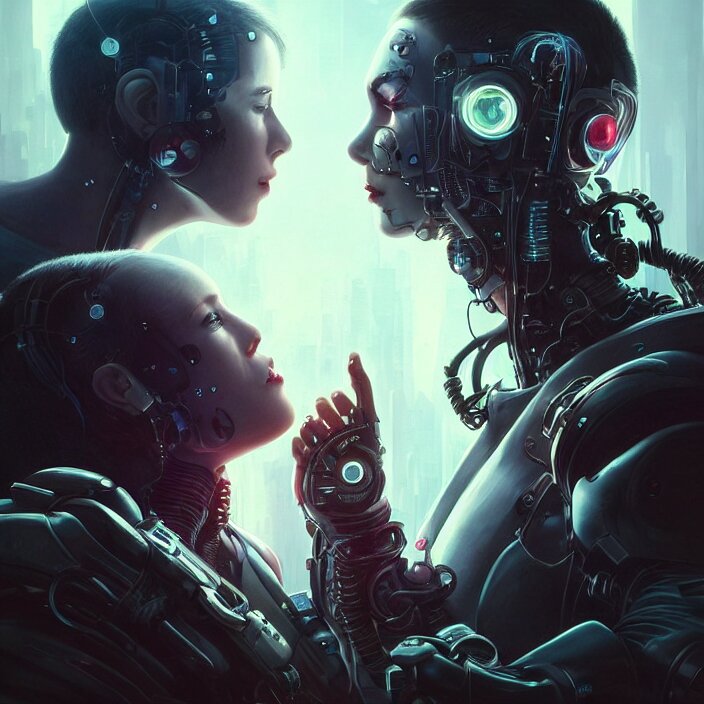 Lexica - Ultra realistic medium shot of a couple of cyborgs kissing ...