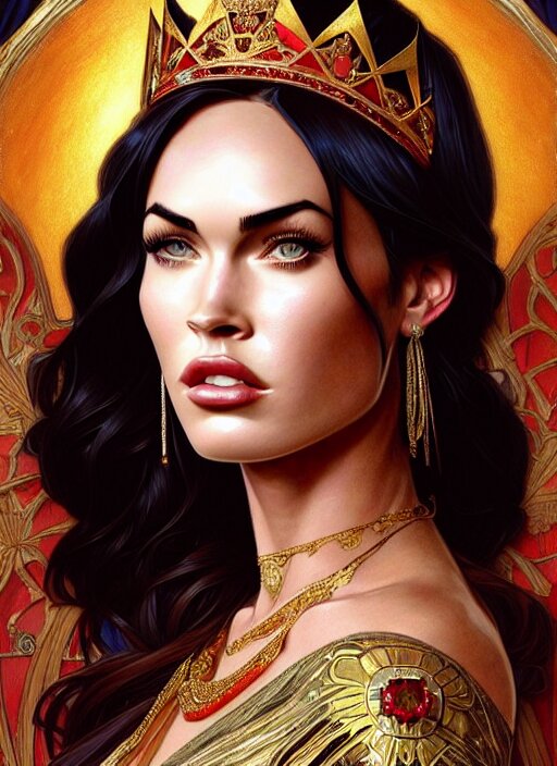 Lexica - Portrait of megan fox as a queen, throne, jewelry, greek, ruby ...