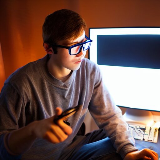 Lexica - Nerdy!! gamer with glasses next to glowing gaming computer