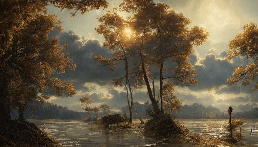 Lexica - Portrait of a vast lake with a village surrounded by woodland ...