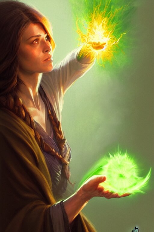 a female wizard casting a green fireball | | pencil sketch, real ...