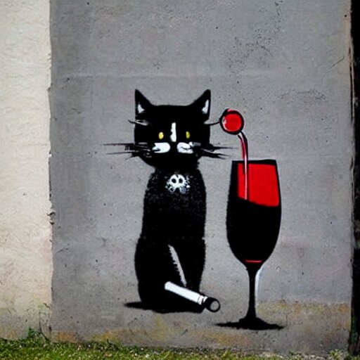 Lexica - Street art of an alcoholic cat who drink wine, by banksy