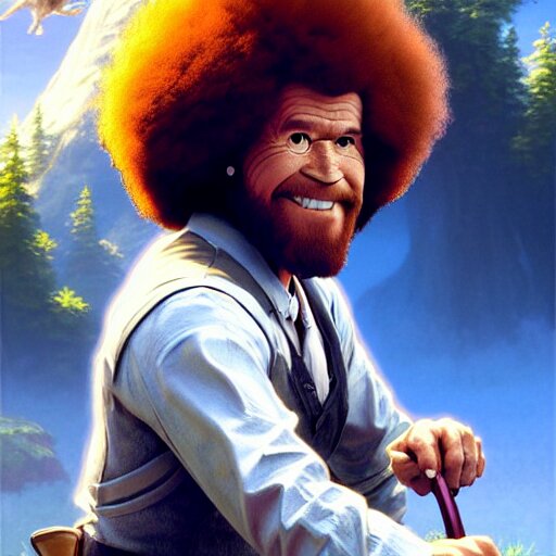 Lexica - Bob ross!!! riding! a dinosaur, giant afro, model pose, ultra ...