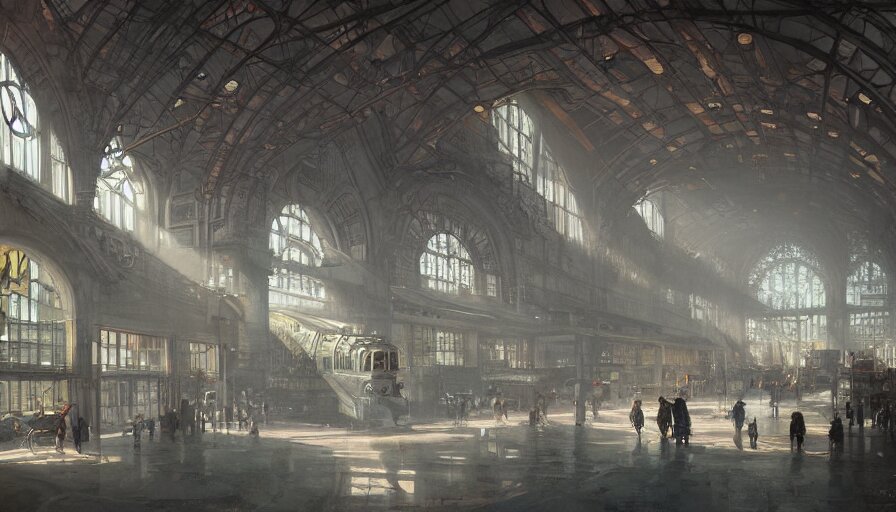 Lexica - Railway station in a Dieselpunk city, steam, large stained ...