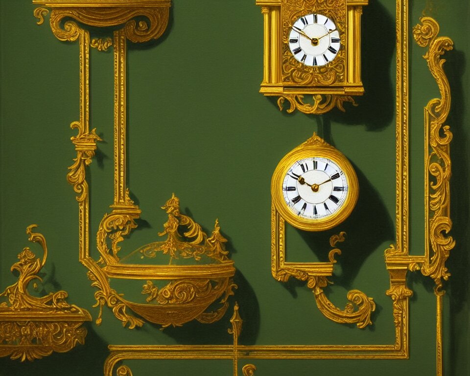 Lexica - An achingly beautiful print of dozens of ornate gold clocks on ...