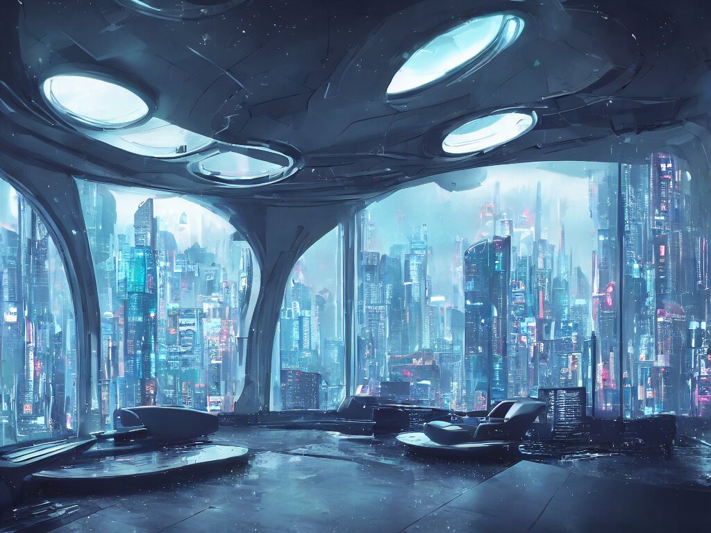 Lexica - A futuristic bedroom with large curved ceiling high windows ...