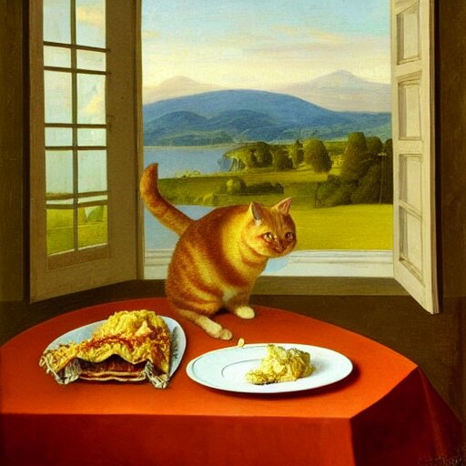 Lexica - Fat orange tabby cat eating lasagna on a table, afternoon ...