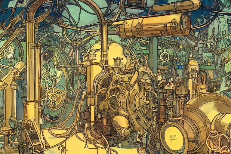 Lexica - Close up view on steampunk lab with big vapor tubes and ...
