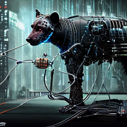 robotic cyberpunk hyena, many wires and metal exposed, realistic ...