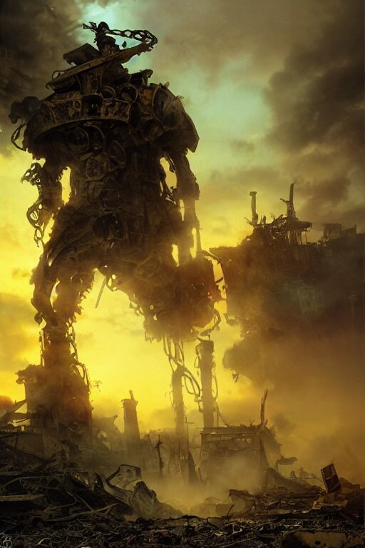 Lexica - Ominous figure in the street of a destroyed city, fiery green ...