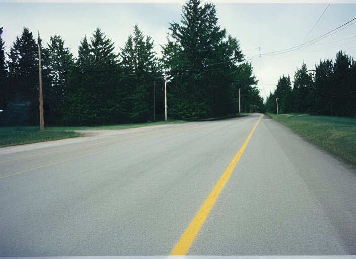 Lexica - A disposable camera picture of an empty street in a small ...