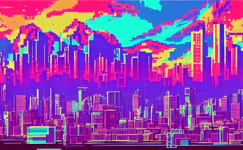 Lexica - Beautiful synthwave city pixel art