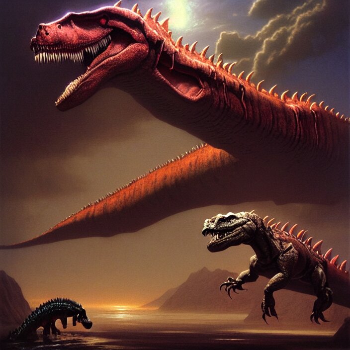Lexica - Cinematic poster of t rex fighting a spinosaurus, dark fantasy ...