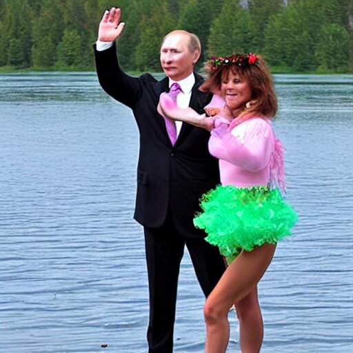 Lexica - ( putin as old gregg ) wearing a pink tutu, on a boat on a lake