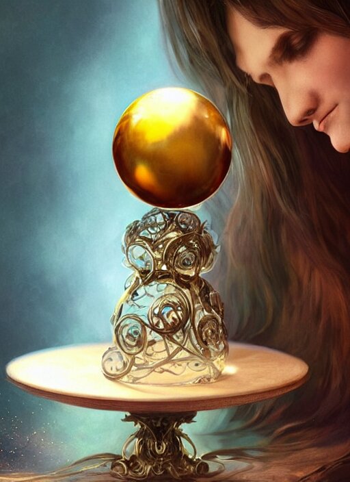 crystal ball on a wood stand with a beautiful dreamscape inside ...
