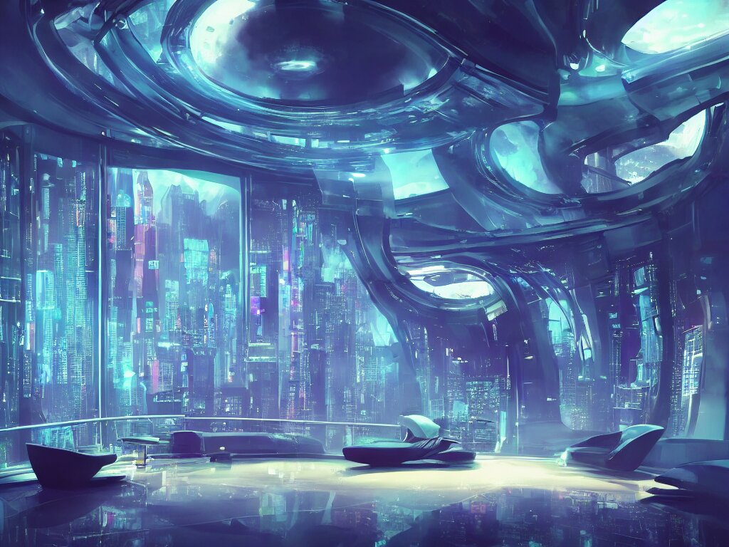 Lexica - A futuristic bedroom with large curved ceiling high windows ...