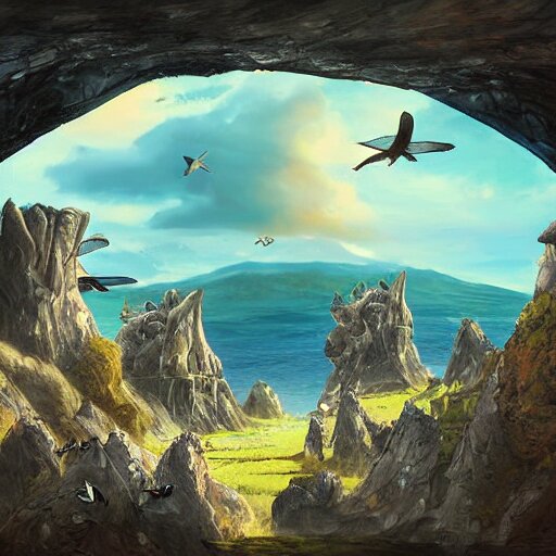 Lexica - Round sci-fi buildings on a stark volcanic cliff with birds ...