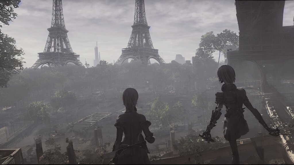 Lexica - Screenshot from Nier Automata, near the Eiffel tower in Paris
