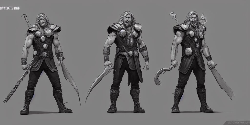 Lexica - Cartoonish thor paying the rent, character sheet, fine details ...