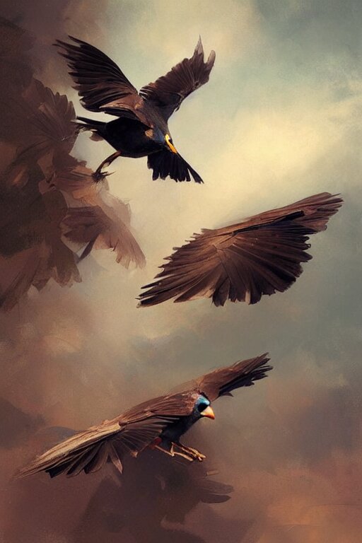 Lexica - Birds flying, wings, flock of brown black blue birds, oil ...