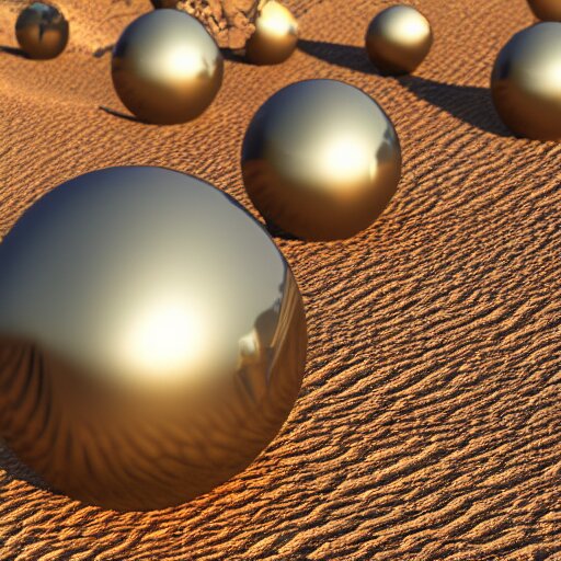 Lexica - Army of metallic spheres in desert, raytracing, 5 5 mm