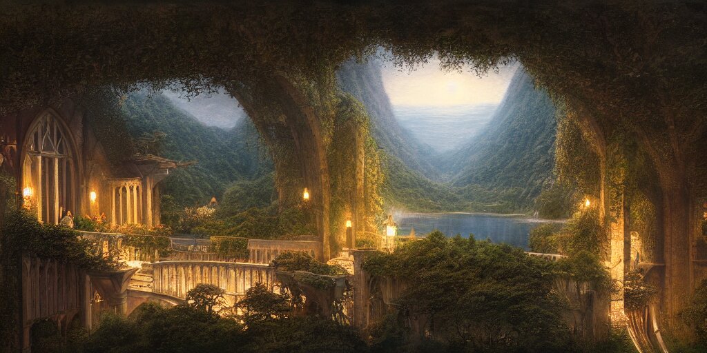 Lexica - Rivendell, looking out from the balcony, evening, detailed ...