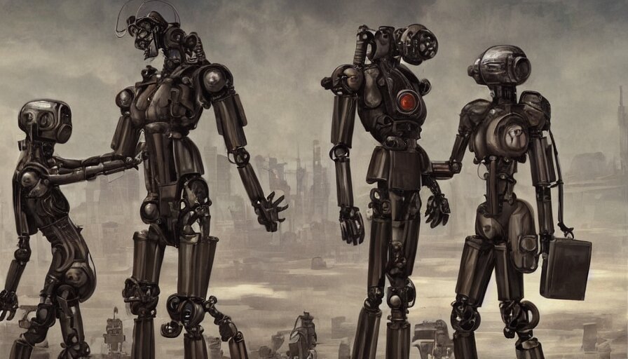 Lexica - Dieselpunk Illustration of two humanoid robots holding hands ...
