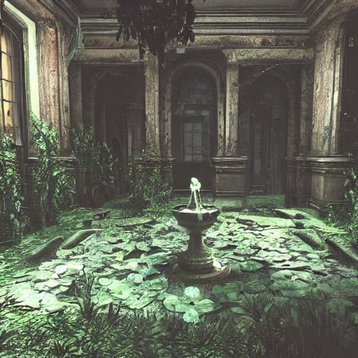 abandoned garden inside a dark mansion, fountain, dead flowers ...
