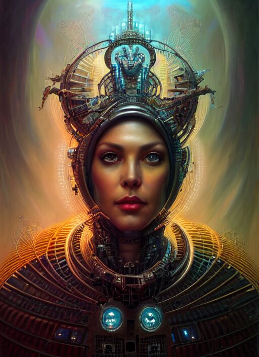 Lexica - Closeup portrait shot of beautiful queen on cybertronic throne ...