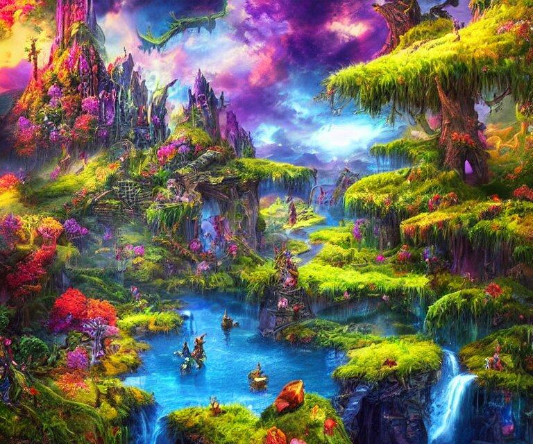 a mystical wonderland, high fantasy, magical elements, vibrant c ...