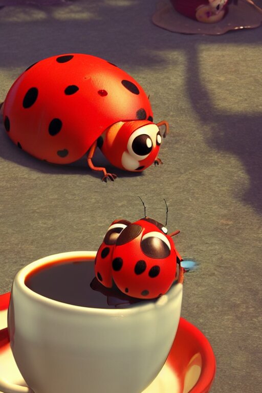 Lexica - A red ladybug with big eyes on side of a cup of coffee and a ...