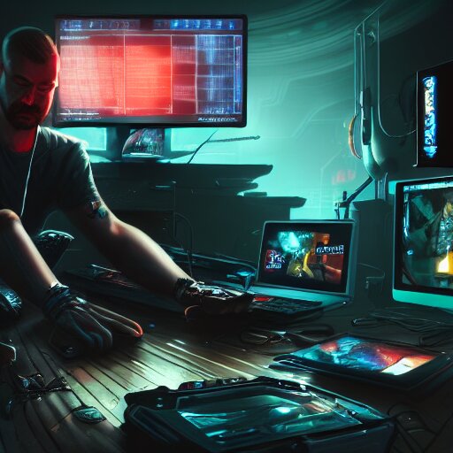 Lexica - Realistic man using laptop in gaming room, artstation trends, cyberpunk concept art ...