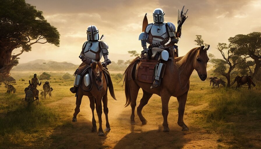 Lexica - Mandalorian riding a horse alone, madagascar with baobabs ...