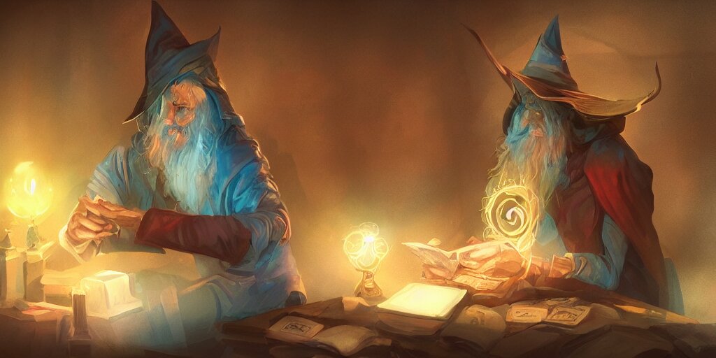 wizard shuffling cards, cards, fantasy, digital art, soft lighti ...