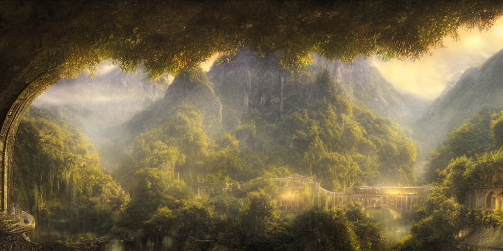 Lexica - Rivendell, looking out from the balcony, evening, detailed ...