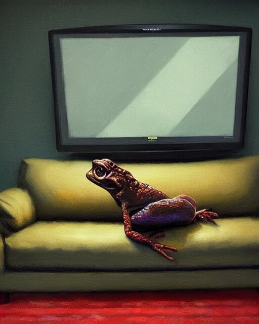 hyper realistic oil painting of toad watching a tv movie on the ...