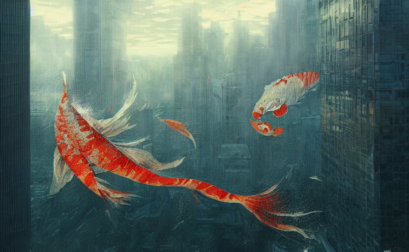 Lexica - A giant koi fish Kaiju smashing through skyscrapers, digital ...