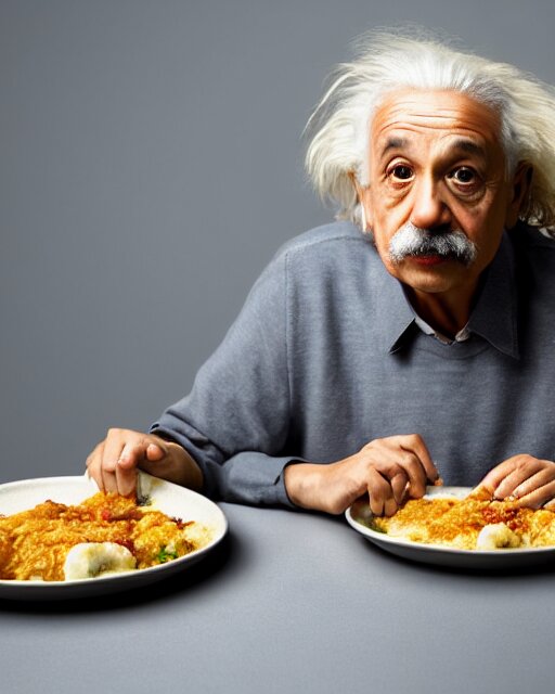 Lexica - A photo of Albert Einstein eating from a plate of Idli ...