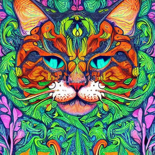 colourful ornate decorative green man as a cat face by louis wai ...