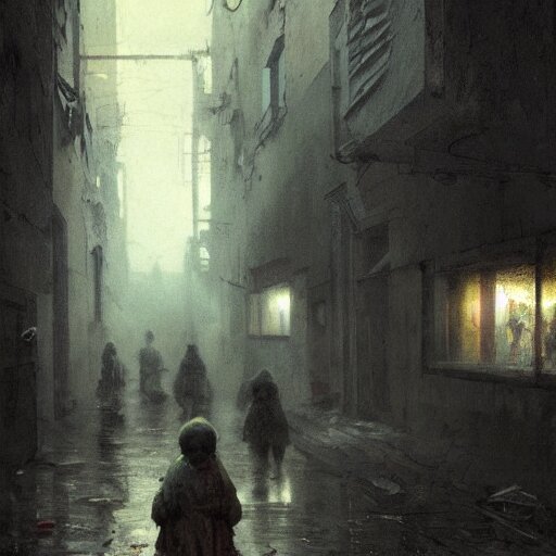 Lexica - Dark alley full of homeless children, somber, by beksinski and ...