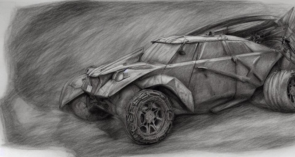 graphite drawing of a stylized cartoony fury road car - Arthub.ai