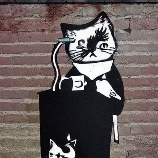 Lexica - Street art of an alcoholic cat who drink wine, by banksy