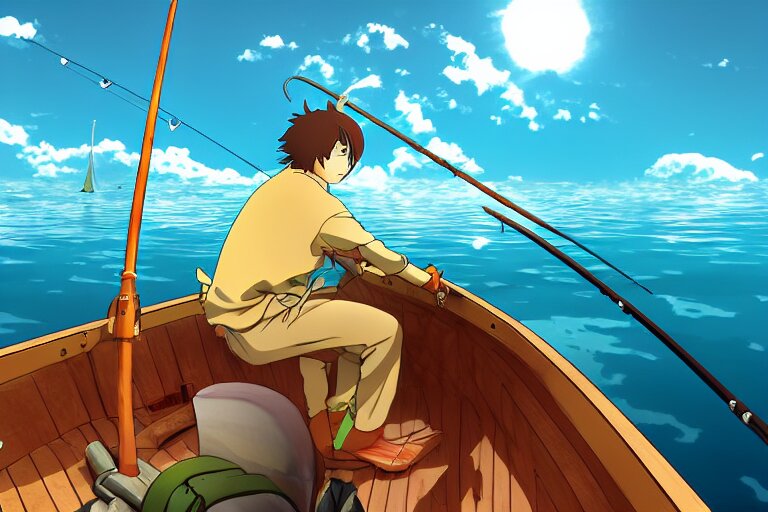Lexica - Cell shaded anime key visual of a fantasy fisherman in a small ...