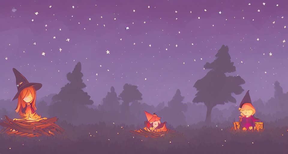 Lexica - Illustration of a small cute witch sitting by cozy bonfire in ...