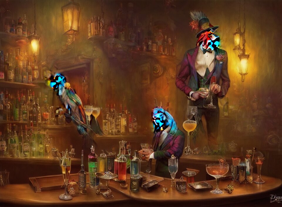 Lexica - Parrot anthro as dapper bartender, dimly-lit cozy tavern ...