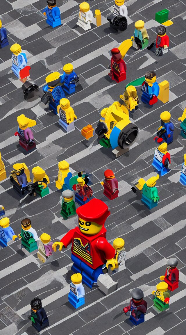 hyperrealistic giant enormous lego minifigure walking over city ...