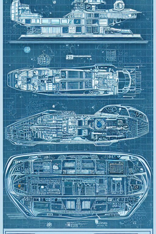 intricately detailed blueprint of a cruiser class spaceship by J ...