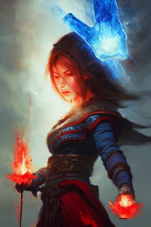 Lexica - Front portrait of mage hold a blue fire on right hand and red ...